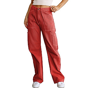 Dokotoo Red Pants Women Straight Leg Jeans for Women Trendy Baggy Y2K Holiday Party Beach Outfits for Women 2024 Womens Fashion Womens Clothes Clothing Pants