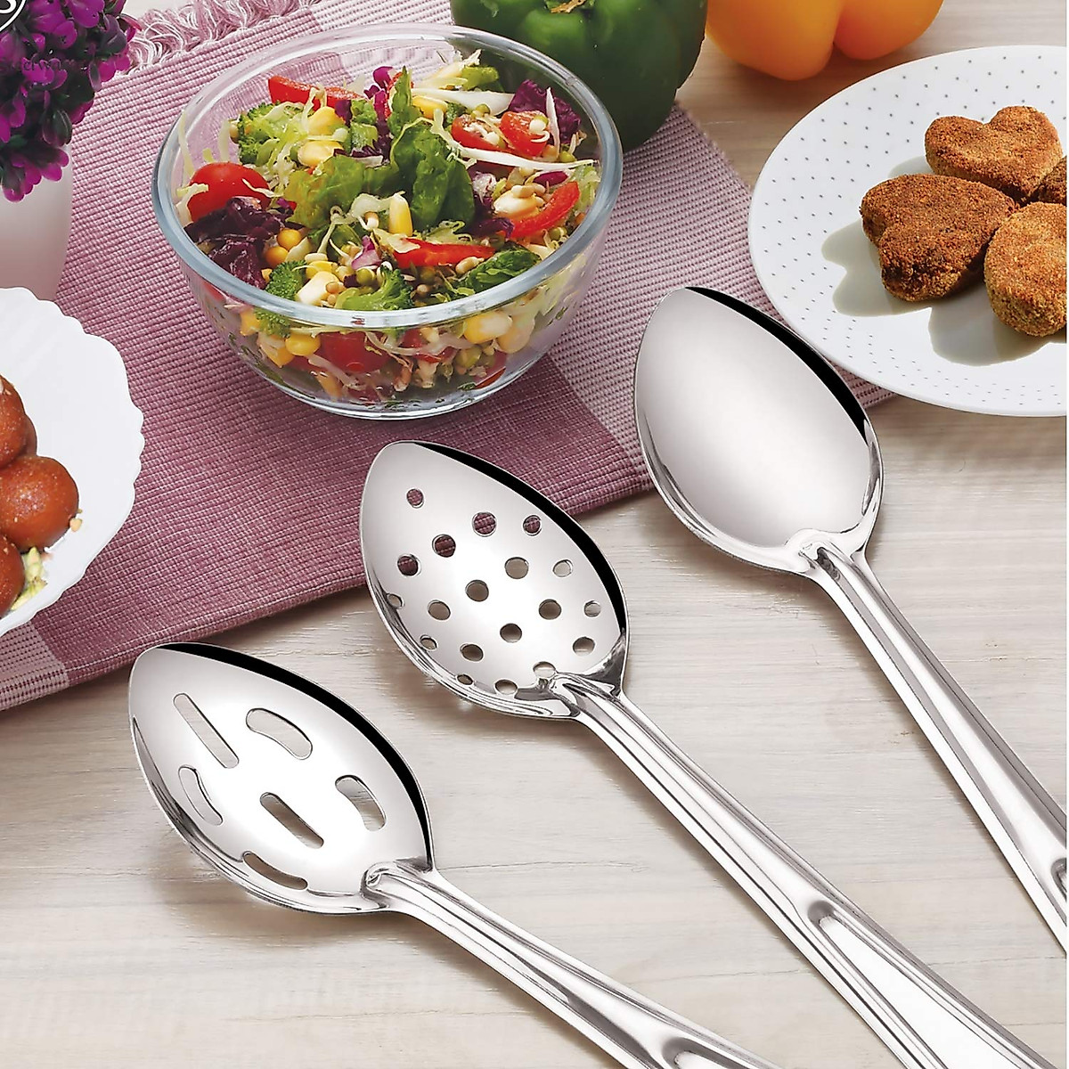 Premium 3 Piece Stainless Steel Baking & Basting Spoon Set, Includes 15" Solid Spoon, 13" Perforated Spoon, 11" Slotted Spoon - Heavy Gauge Durability - Modern Mirror Finish Flatware