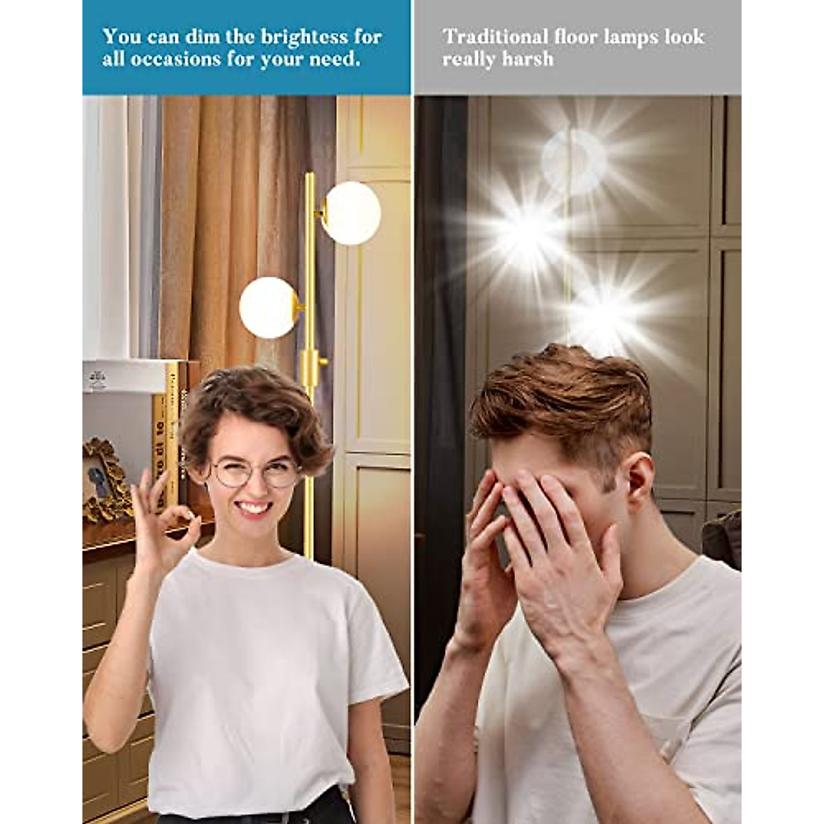 Dimmable Gold Globe Floor Lamp,Mid Century Modern Globe Lamp with 0%-100% Brightness 2pcs G9 LED Bulbs (Included) Plastic Shatterproof Lampshade,Tree Tall Lamps for Living Room/Bedroom/Sofa Corne