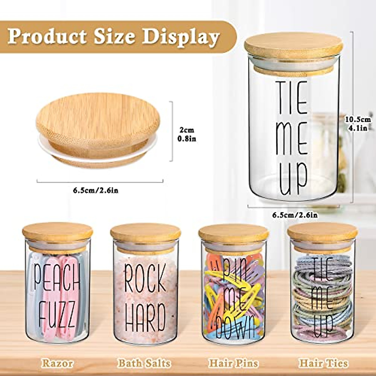 Lucomb Glass Apothecary Jars with Lids for Bathroom Storage Organizer, 4 Packs Cotton Ball Q-Tip Holder Hair Tie Organizer & Bobby Pin Holder Great for Funny Bathroom Canisters Decor Farmhouse Style