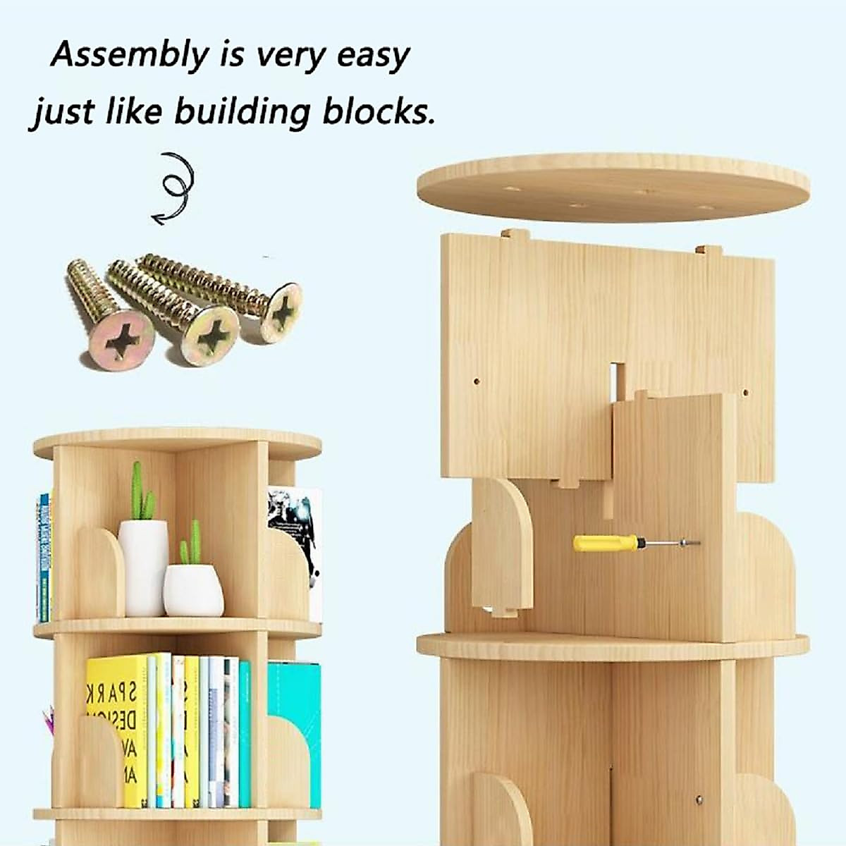 Gdrasuya10 4 Tier Rotating Bookshelf with Legs, Floor Standing Bookshelf Stackable Bookshelf Wood Bookcase Round Bookshelf 360 Display Book Shelf for Living Room Bedroom