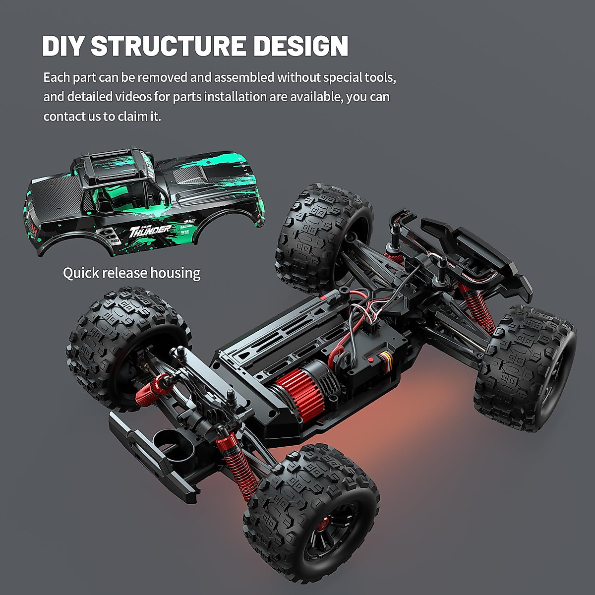 SupKonXi 1:14 RC Trucks, High Speed RC Cars 40KPH, 4WD Off Road Remote Control Monster Truck, 2.4GHz Electric Toy Buggy Vehicles with 2 Batteries, Shining LED Lights, Gift for Adults and Boys
