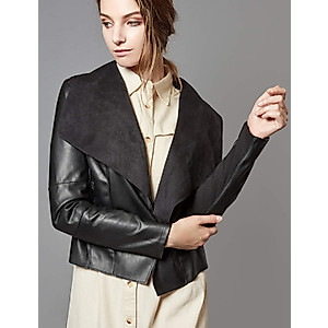 Escalier Women's Faux Leather Jackets Slim Open Front Lapel Blazer Jackets Black Medium