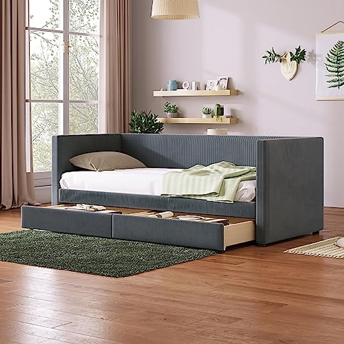 OPTOUGH Twin Size Corduroy Daybed with Two Drawers and Wood Slat,Sofa Bed Frame for Bedroom,Boys Girls,Gray