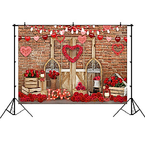 Lofaris Happy Valentine's Mother’s Day Photography Backdrops Brick Wall Wood Door and Red Rose Flower Love Heart Lights Background Birthday Baby Shower Party Decorations Portrait Photo Booth Props