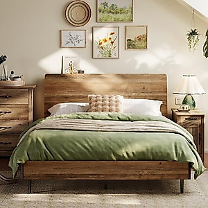 LINSY Full Size Bed Frame Wood with Ergonomic Headboard, Farmhouse Bed Frame Full with Storage Shelf, 45-Min Fast Assembly Wood Bed Full, Noise-Free, No Box Spring Needed - Brown