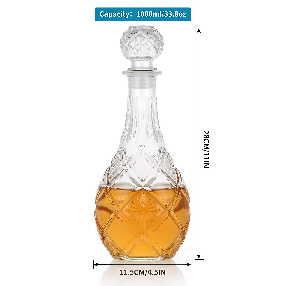 MDLUU Glass Decanter with Airtight Stopper, 1000ML/33.8OZ Liquor Decanter Bottle for Wine, Whiskey, Brandy, Vodka (Round Diamond)
