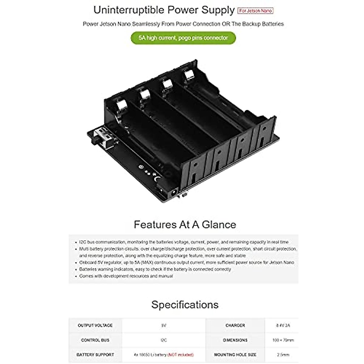 Waveshare UPS Power Module (B) for Jetson Nano 5V Uninterruptible Power Supply 5A High Current with Pogo Pins Connector