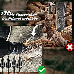 Firewood Drill Bit Wood Log Splitter,5 PCS Kindling Splitting Drills Wedge Tool Removable Logs Splitters Cone Wedges Electric Driver Bits Heavy Duty Hex+Square+Round+Small Hex Shank
