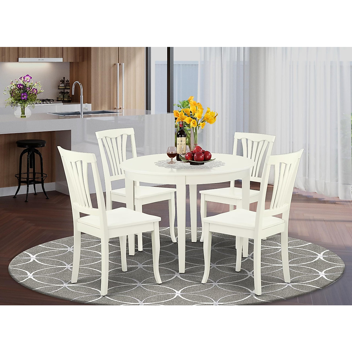 East West Furniture BOAV5-LWH-W 5 Piece Dining Room Table Set Includes a Round Kitchen Table and 4 Dining Chairs, 42x42 Inch, Linen White