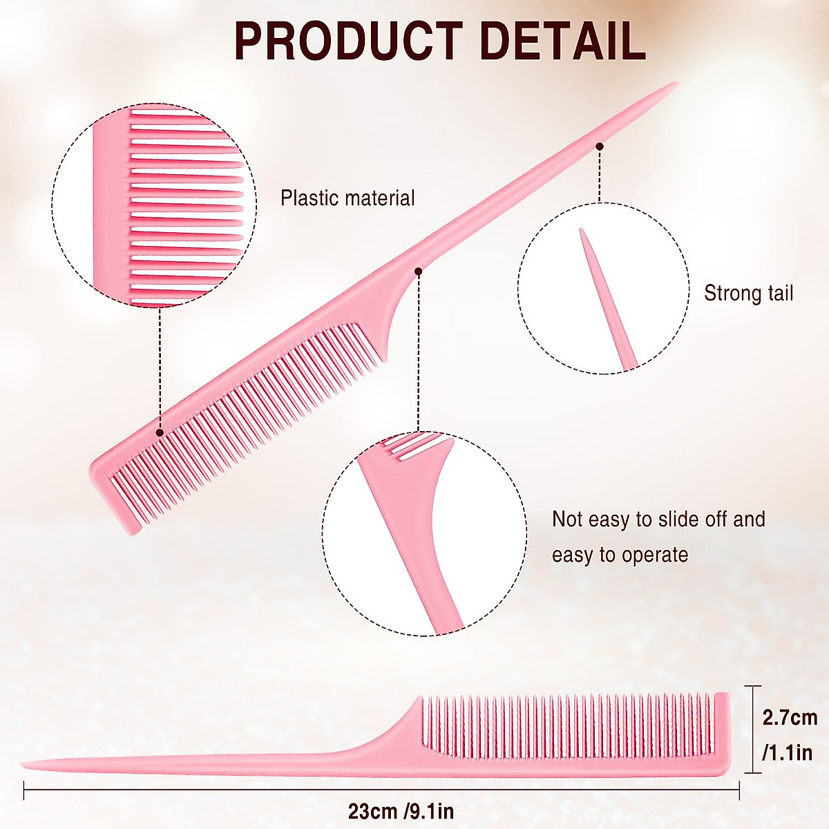 3 Pieces Plastic Rat Tail Comb Pintail Comb Fiber Teasing Comb 9 Inch Styling Comb with Thin and Long Handle for Men Women Girl Salon Home Supplies