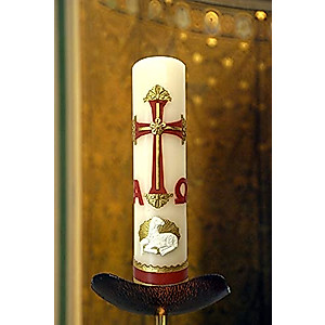 Alpha Omega Candle for Baptism, Confirmation, Easter Lent Cirio para Bautizo, Confirmacion O Boda Cirio Pascual (Red)