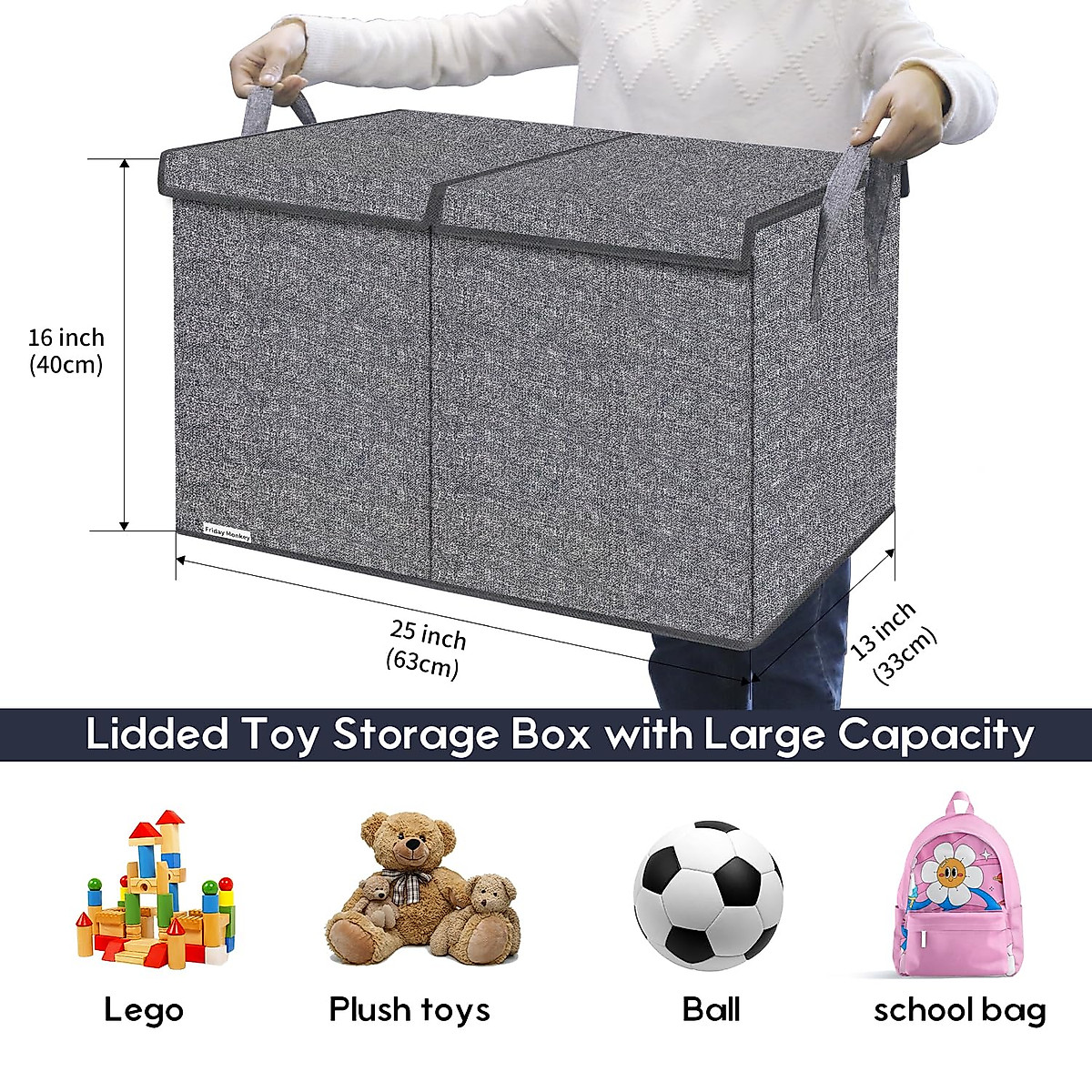 Friday Monkey Sturdy Large Toy Box Chest with Lids & Handles, Foldable Toys Storage Organizer Bin Basket for Boys, Girls, Kids, Playroom, Nursery, Utility Room, 25x13x16 inch, Light Grey, ZMGCWJX