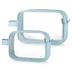 GAGAKU 2pcs Clear Toiletry Bag TSA Approved Travel Toiletry Bags Liquid Bag with Handle Strap, Waterproof Transparent Makeup Cosmetic Bags for Women - Light Blue