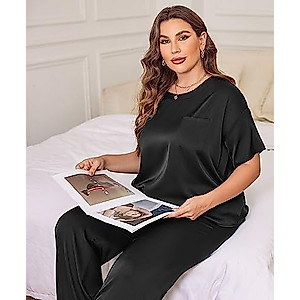 Ekouaer Womens Plus Size Silk Pajama for Women Silk Satin Set Two Piece Short Sleeve Sleepwear Pajamas 3x Sleepwear for Women Plus Size Black 22W