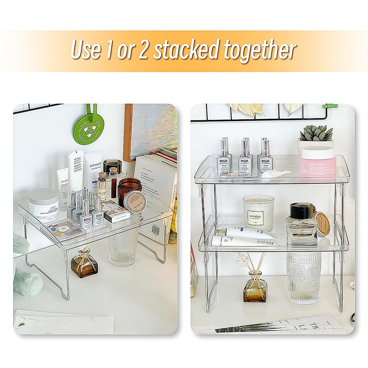 DEYIZY 2-Tier Foldable Bathroom Counter Organizer for Skincare, Vanity & Makeup - Space-Saving, Stackable, No Assembly - Bathroom Countertop Organizer, Bathroom Cabinet Organizer