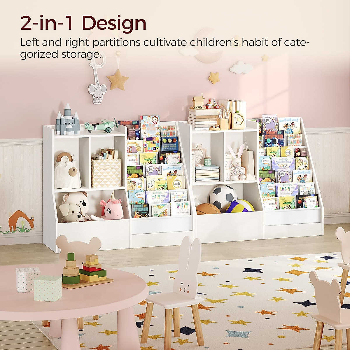 MAHANCRIS 39.4" Kids Bookshelf and Toy Storage, 7 Layer Kids Book Sling Shelf, Toddler Bookshelf, Kids Bookcase, Toy Organizer Cabinet, Large, for Playroom, Bedroom, Nursery, White BKWT7301