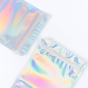 QQ Studio Pack of 100 Windowed or Double Sided Holographic Stand Up Packaging Bags with QuickQlick™ Seal for Food and Snacks (Clear & Silver Base Hologram, 11x16cm (4.3x6.3"))