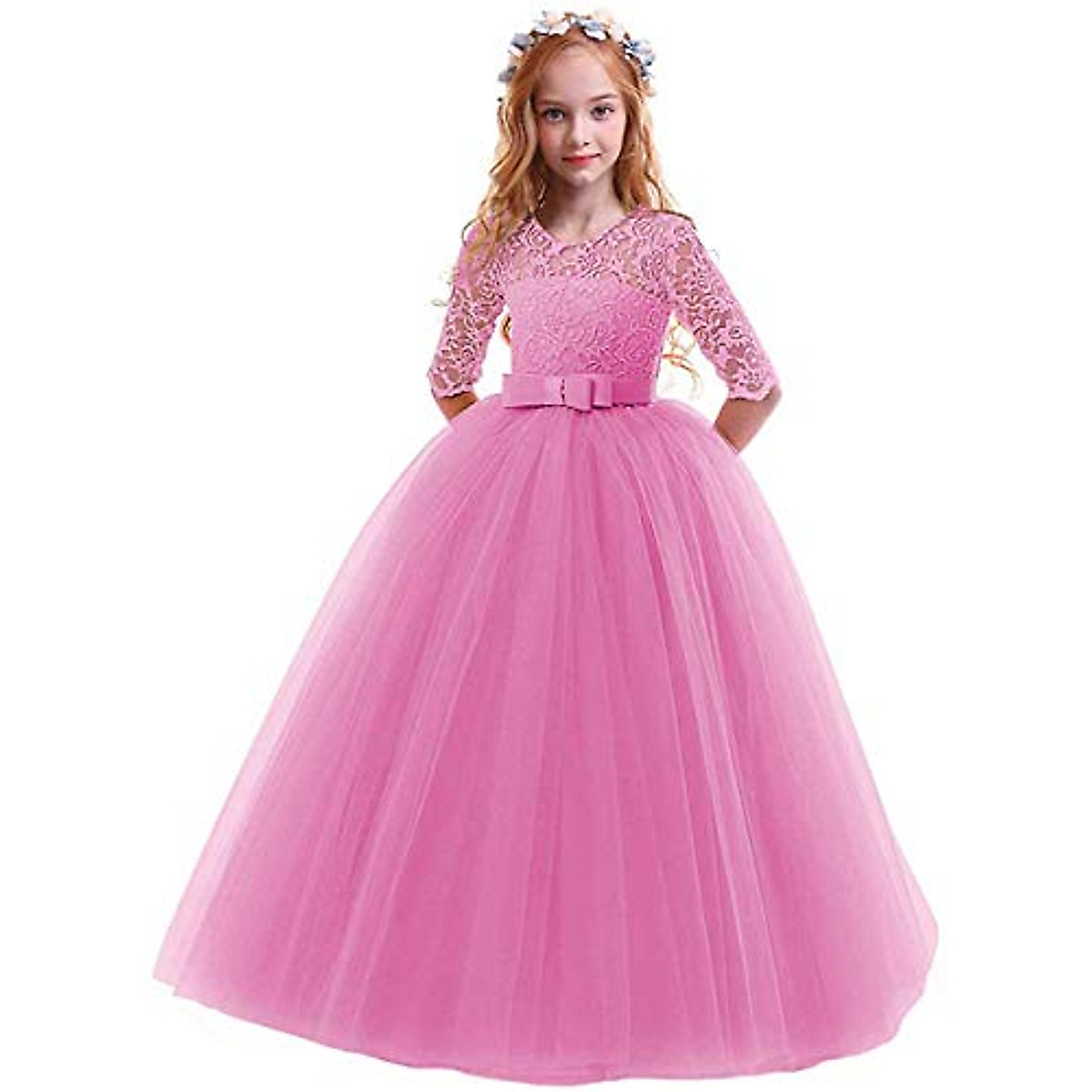 Toddler Girl's Embroidery Tulle Lace Maxi Flower Girl Wedding Bridesmaid Dress 3/4 Sleeve Long A Line Pageant Formal Prom Dance Evening Gowns Casual Holiday Party Dress Bean Pink 3-4
