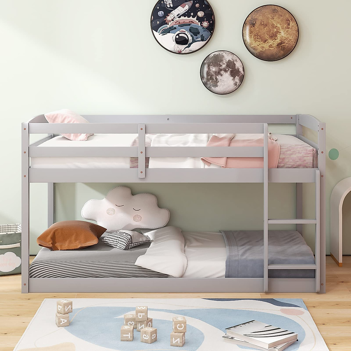 Giantex Twin Low Bunk Bed, Solid Wood Twin Over Twin Bunk Bed Frame with Full Guardrails & Integrated Ladder, Floor Twin Bunk Beds for Kids Boys and Girls, No Box Spring Needed, Grey