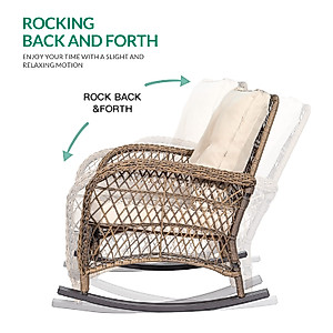 VIVIJASON Outdoor Wicker Rocking Chair, Patio Rattan Rocker Chair with Cushions & Steel Frame, All-Weather Rocking Lawn Wicker Furniture for Garden Backyard Porch (Beige)