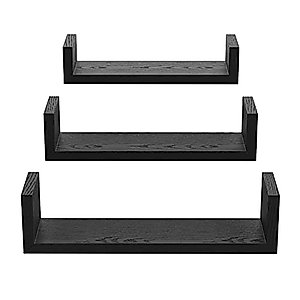 GREENDEW Wall Mounted Floating Shelves Set of 3, Modern Display Hanging Shelves, Wood Storage Shelves for Room, Kitchen, Office, Home Decor (Black)