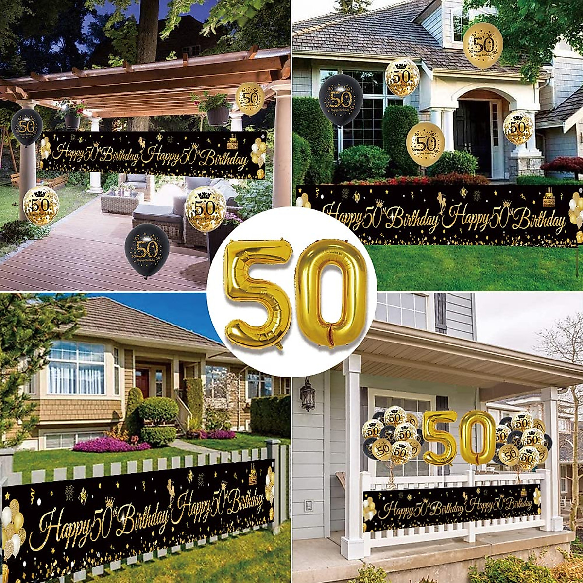 50th Birthday Decorations for Men Women, Black Gold Happy 50th Birthday Banner Yard Sign with 17pcs Happy Birthday Balloons, 50 Birthday Decoration Anniversary Party Supplies Yard Decor(9x1.2ft)