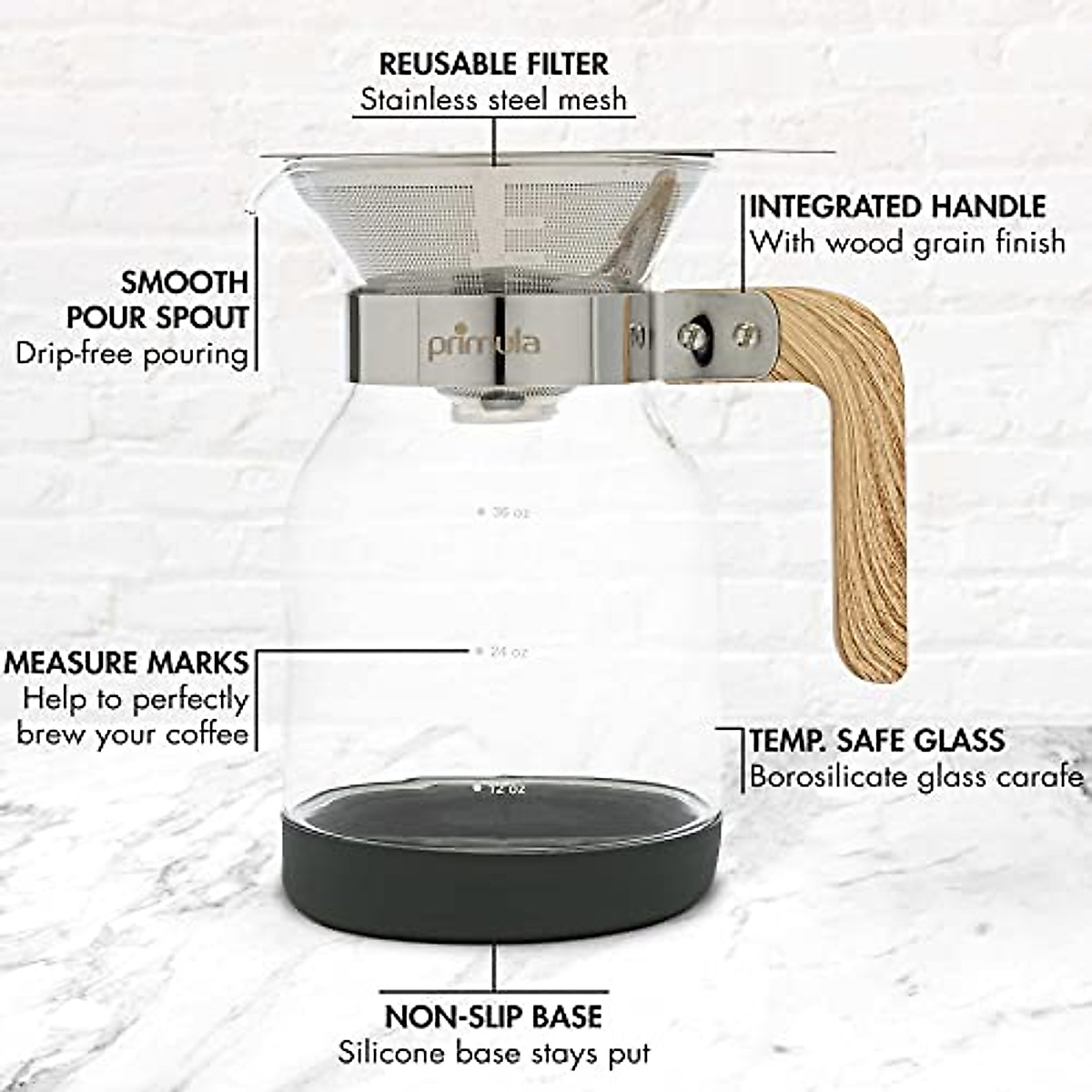 Primula Coffee Dripper Pour Over Maker Brewer Pot, Borosilicate Glass, Easy to Use and Clean, 36 oz, Light Wood