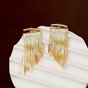 OWNCOOL Gold Silver Tassel Earrings for Women Long Statement Ear Jackets Earrings Trendy Front Back Drop Dangle Bridal Fringe Formal Wedding Parties Earrings Short Gold