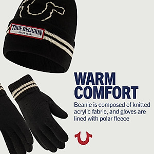 True Religion Beanie Hat and Gloves Set, Cuffed Winter Knit Cap with Stitched Yarn Horseshoe Logo and Fleece Lined Mittens, Black, One Size