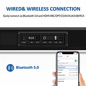 WITSHOCK Sound Bar Soundbar TV Speaker: Surround System Home Theater with Built-in Subwoofer Wireless Wired Bluetooth 5.0 Optical AUX HDMI-ARC RCA USB Connectivity for Television - Mountable