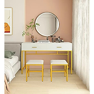 Vanity Bench Vanity Stool Chair for Bathroom Makeup Vanity Chair for Vanity Makeup Room Small Tall Gold White-NO pre-drilled Holes in The Bottom