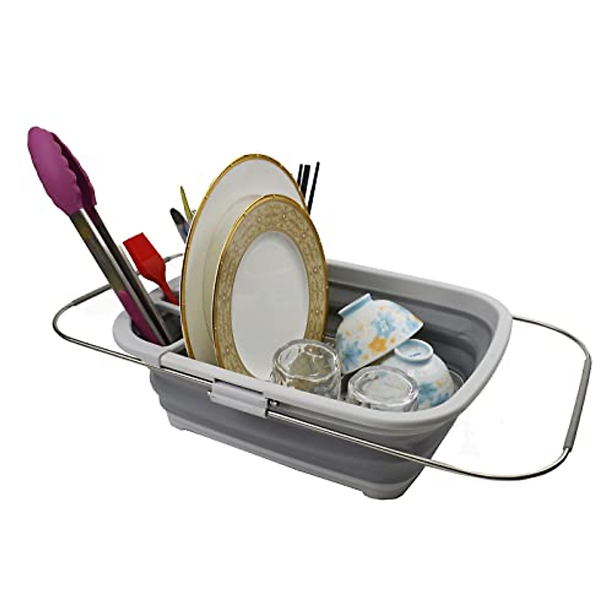 SAMMART 8L (2.11Gallons) Expandable Collapsible Dish Drainer - Foldable Drying Rack - Portable Dinnerware Organizer - Space Saving Kitchen Storage Tray (Grey, 1)