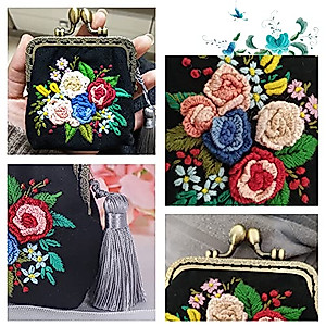 WADORN DIY Coin Purse Embroidery Kit, Kiss Clasp Clutch Embroidery Making Kit Flower Pattern Handmade Cross Stitch Bag Making All Material Vintage Small Wallet Sewing Needlepoint Kit, 3.2x3.3 Inch