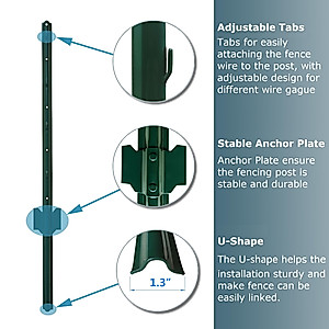 MTB Metal Fence Post Fence U Post Green 4 Feet, Pack of 5, for Garden Wire Fence U-Channel Steel Garden Post Sign Post