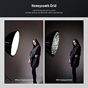 NEEWER 26inch/65cm Parabolic Softbox Quick Set up Quick Folding, with Diffusers/Honeycomb Grid/Bag, Compatible with Aputure 120d Light Dome Godox sl60w NEEWER RGB CB60 and Other Bowens Mount Lights