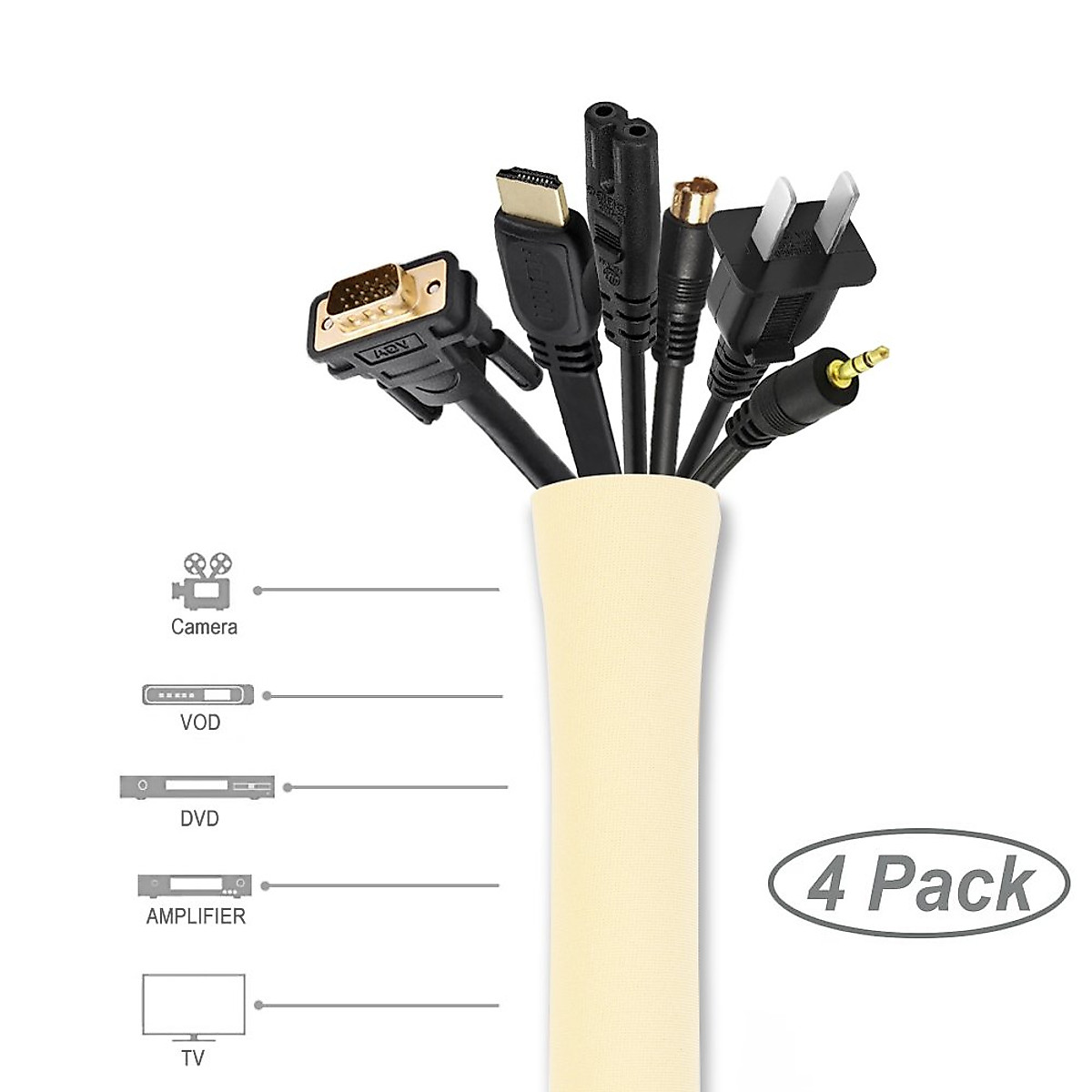 [4 Pack] JOTO Cable Management Sleeve, 19-20 Inch Cord Organizer System with Zipper for TV Computer Office Home Entertainment, Flexible Cable Sleeve Wrap Cover Wire Hider System - Beige