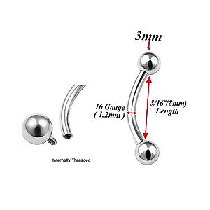 bodyjewellery 2pcs 16g Internal Thread Curved Barbell Cartilage Lip Tragus Eyebrow Helix Conch Stud Surgical Steel Labret Stud - 8mm