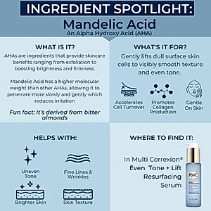 RoC Multi Correxion Even Tone + Lift Resurfacing Serum with Mandelic Acid for Brightening, Even Tone & Post Acne Marks + Hyaluronic Acid for Dry Skin, Non-Comedogenic & Fragrance Free, 1 fl oz