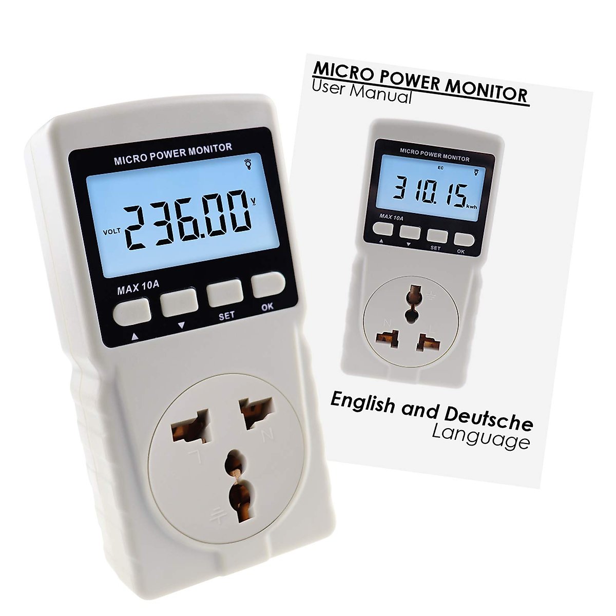 Watt Power Meter Plug-in Socket Power Meter, Home Electrical Usage Monitor Consumption, Kilowatt Wattage Voltage AMP Tester with Backlight Overload Protection