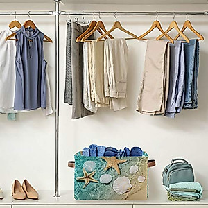 Storage Basket Sea Beach Starfish Seashell Rectangle Foldable with Leather Handle Nursery Storage Bins Boxes Cube Organizer for Children Toys Books Clothes Home Bedroom