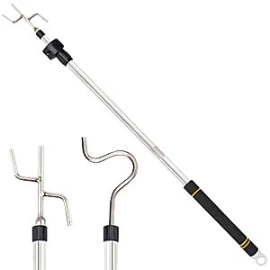 Greeily Clothes Hanger Reaching Hook, High Reach Garment Hook Telescopic Adjustable 37" to 63" for Hanging Clothes Plants Bird Feeders Christmas Light Pole Stainless Steel Material with 2 Long Hooks
