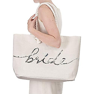 ELEGANTPARK Bridal Shower Gifts for Bride Tote Large Bride Bag for Women Bride Gifts for Engagement Wedding Party Honeymoon Beach Bag Jute Silver Sequin Interior Pocket