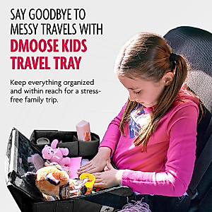 DMoose Kids Travel Tray, Toddler Car Seat Lap Activity Tray with Padded Comfort Base, Side Walls, Mesh Snack Pockets, Tablet Holder, Waterproof Car Seat, Stroller, Airplane Play and Learn Area (Black)