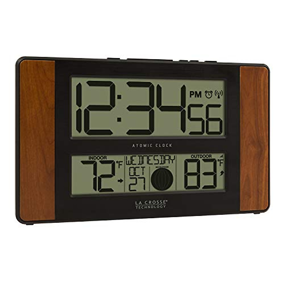 La Crosse Technology 513-1417CH-INT Atomic Digital Clock with Temperature and Moon Phase, 11.10"L x 1.14"W x 6.61"H, Cherry & TX141TH-BV4 Wireless Outdoor Thermo-Hygrometer Transmitting Sensor, White