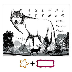 OHTMTHO Baby Monthly Milestone Blanket, Baby Blankets for Boys | Girls, Newborn Photo Background Blanket with Milestone Marker, Wolf & Deer, 40"x50"