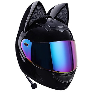 Cat Ear Bluetooth Motorcycle Helmet, DOT Certification Full Face Flip-Up Motorbike Helmet, Cool Cute Cat Helmets with HD Visor and Ventilation Syste, for Adults Men Women S~XL