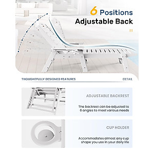 Chaise Lounge for Outdoor, Patio Lounge Chairs for Outside, Chaise Lounge Chair with 6 Positions, HDPE Lounge Chair with Cup Holder Easy Assembly for Pool Beach Garden, White