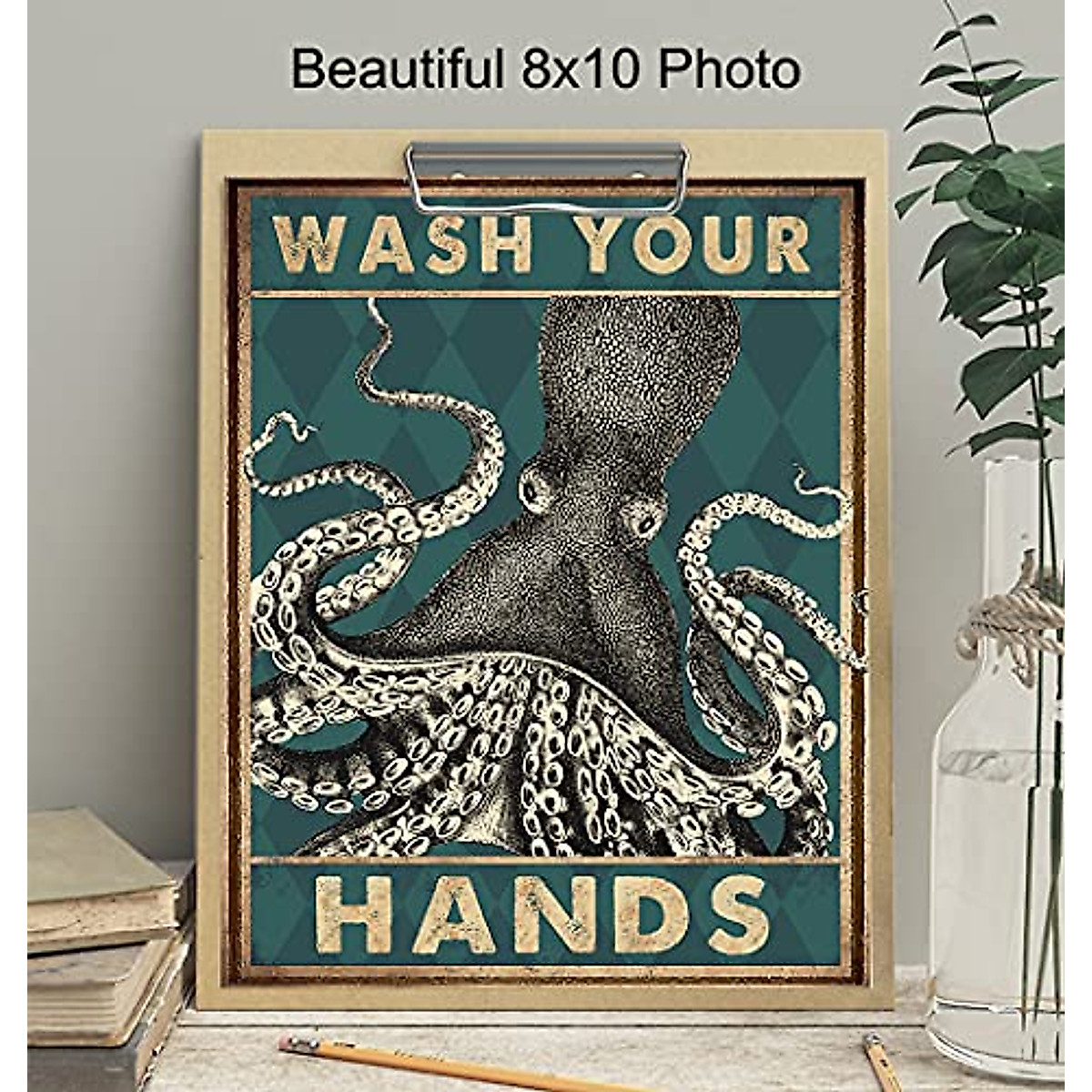 Octopus Nautical Bathroom Wall Art & Decor - Funny Beach Bathroom Decor - Bath Wall Decor - Cute Unique Bathroom Pictures Decorations Poster - Wash Your Hands Sign - Guest Bathroom - Powder Room