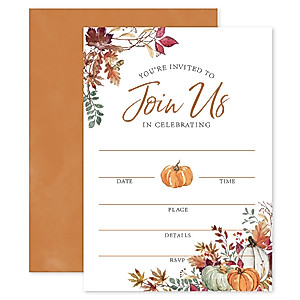 Whaline Fall Invitations 25 Sets Autumn Leaves Pumpkin Invitation Cards with Envelopes Stickers Rustic Harvest Blank Invites for Thanksgiving Wedding Birthday Baby Shower, 5 x 7 Inch